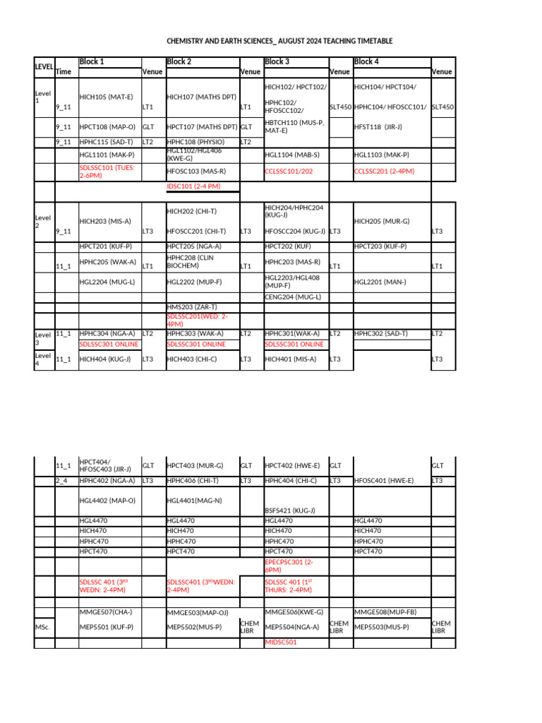 AUGUST 2024 TEACHING TIMETABLE-1 | PDF