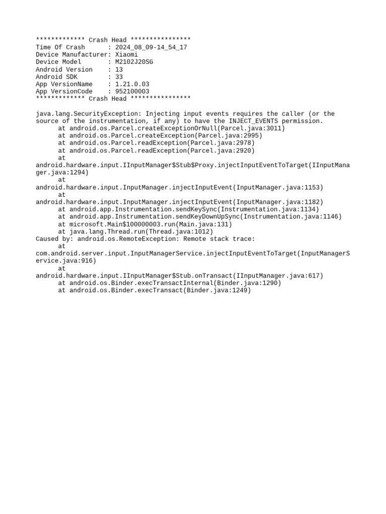 Xiaomi Crash Report: SecurityException | PDF