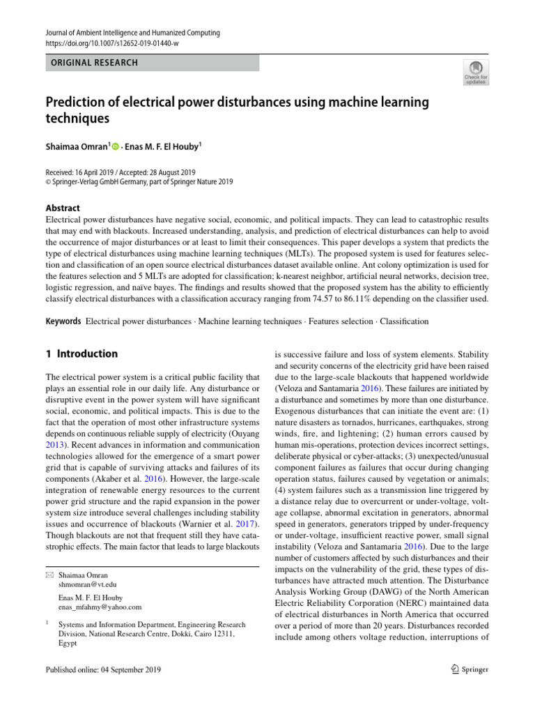 Prediction of Electrical Power Disturbances Using Machine Learning Techniques | PDF | Machine ...