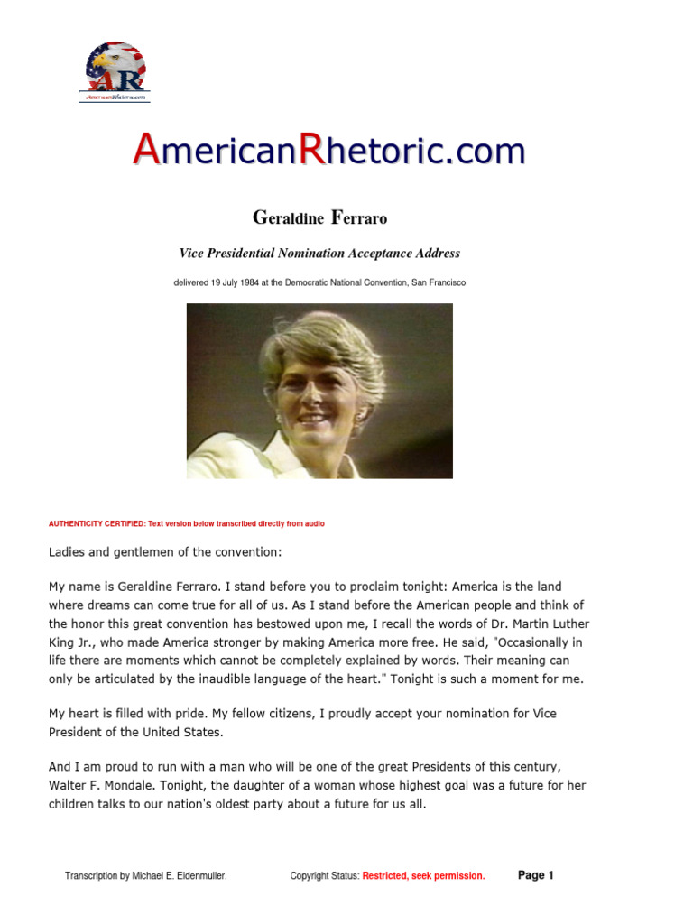Geraldine Ferraro - VP Acceptance Address | PDF