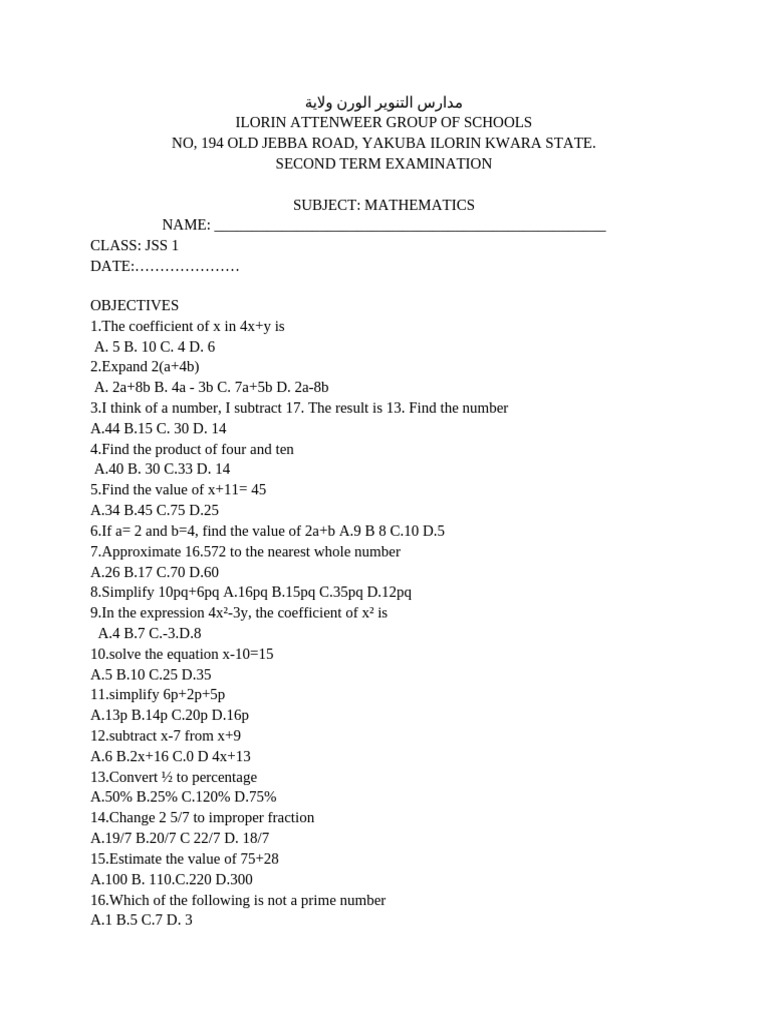 JSS1 Second Term Math Exam Questions | PDF