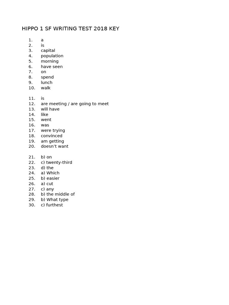 Hippo 1 Writing 2018 Key | PDF