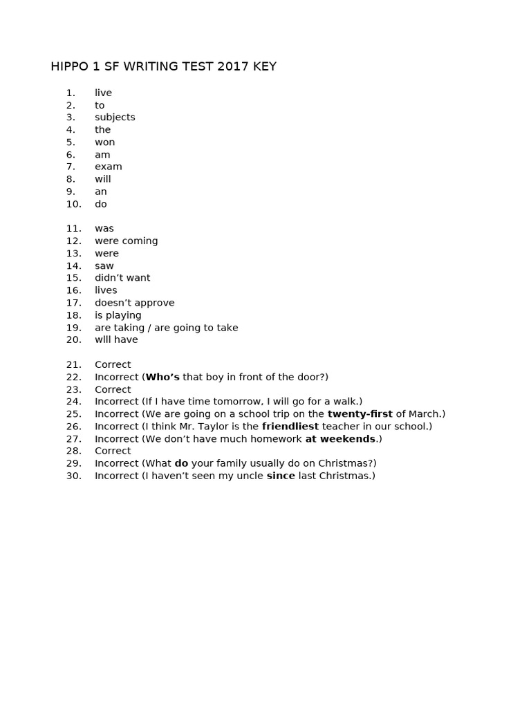 Hippo 1 Writing 2017 Key | PDF