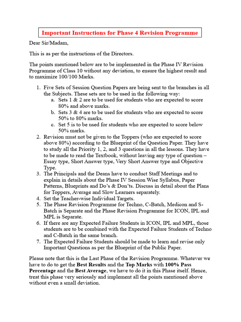 Class 10 Phase IV Revision Guidelines | PDF
