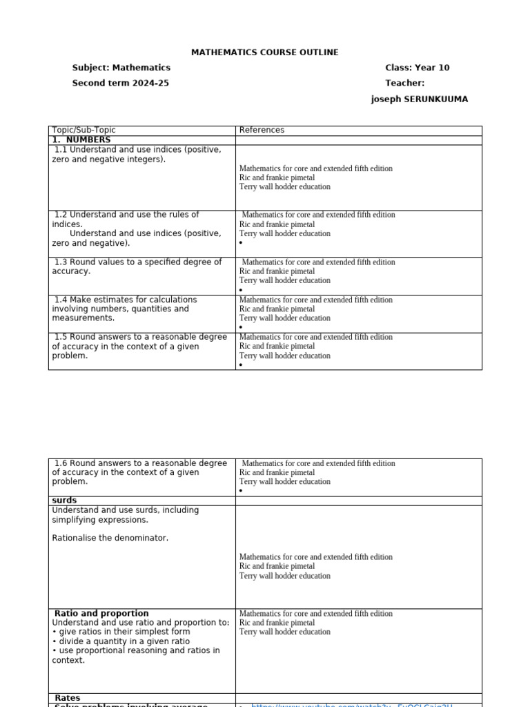 Year 10 Mathematics Course Outline | PDF | Line (Geometry) | Equations