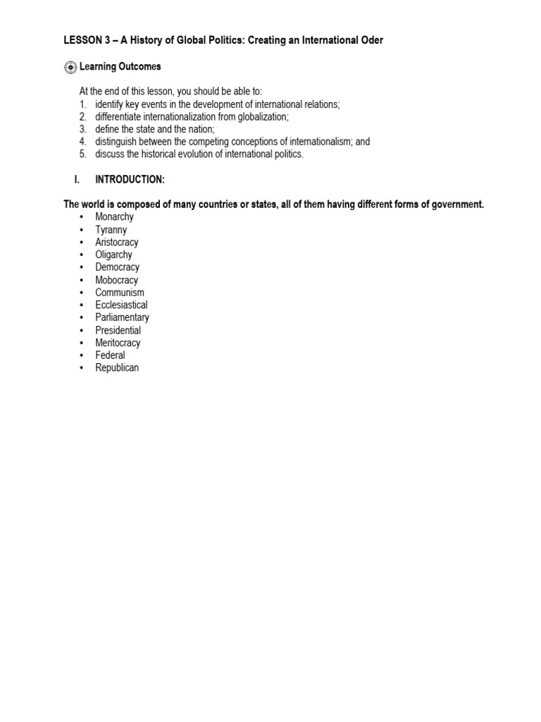 Contemporary World LESSON 3 Notes | PDF | Internationalism (Politics ...