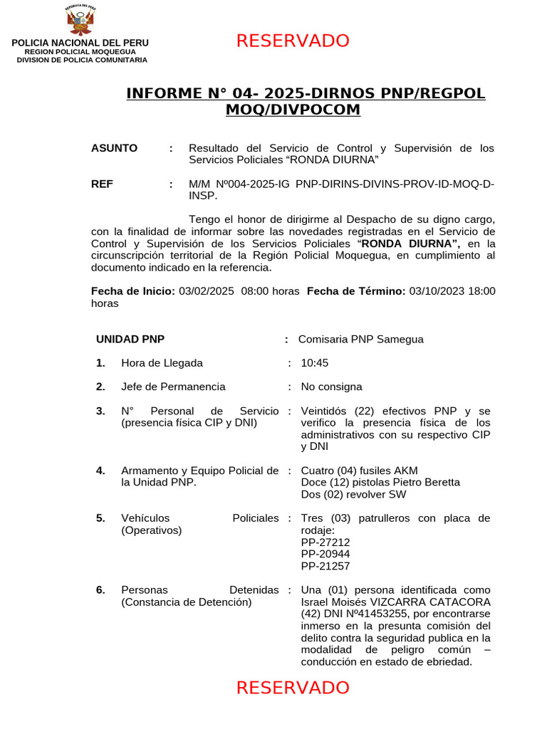 INFORME RONDA DIURNA 03FEB2025 CAP. IZQUIERDO | PDF | Cumplimiento de ...