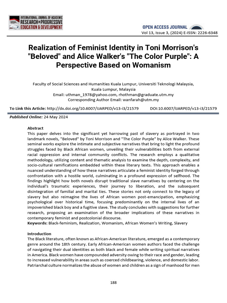 Realization of Feminist Identity in Toni Morrisons Beloved and Alice ...
