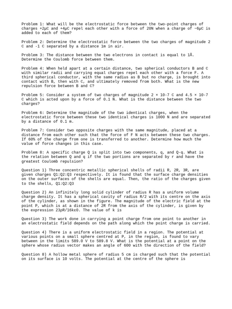 Coulomb's Law in Electrostatics Practice Questions | PDF | Sphere | Electric Field