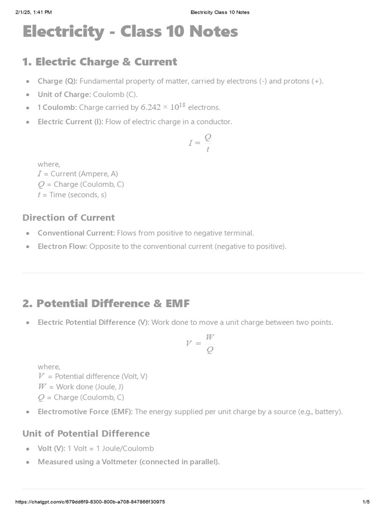 Electricity Class 10 Notes | PDF | Electric Current | Voltage