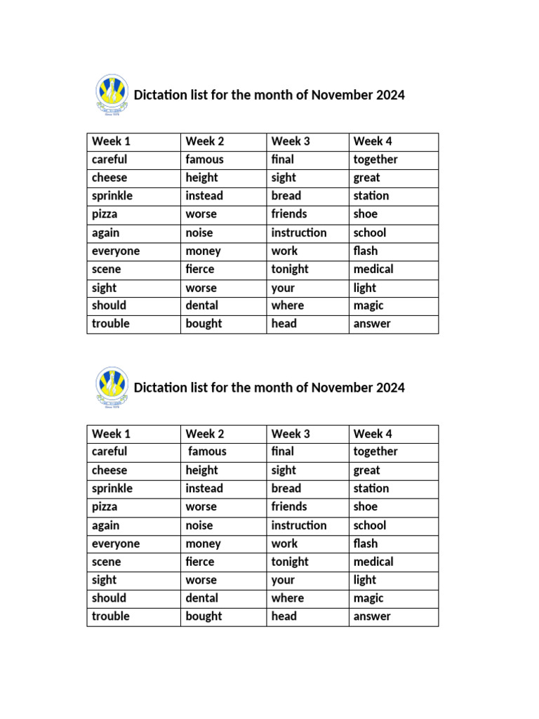 Dictation list for the month Novemner 2024 | PDF | Cheese | Dairy Products
