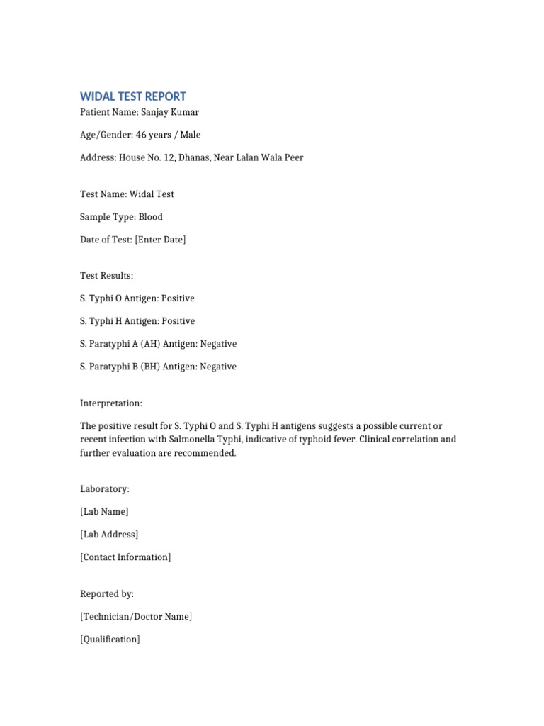 Widal Test Report Sanjay Kumar | PDF