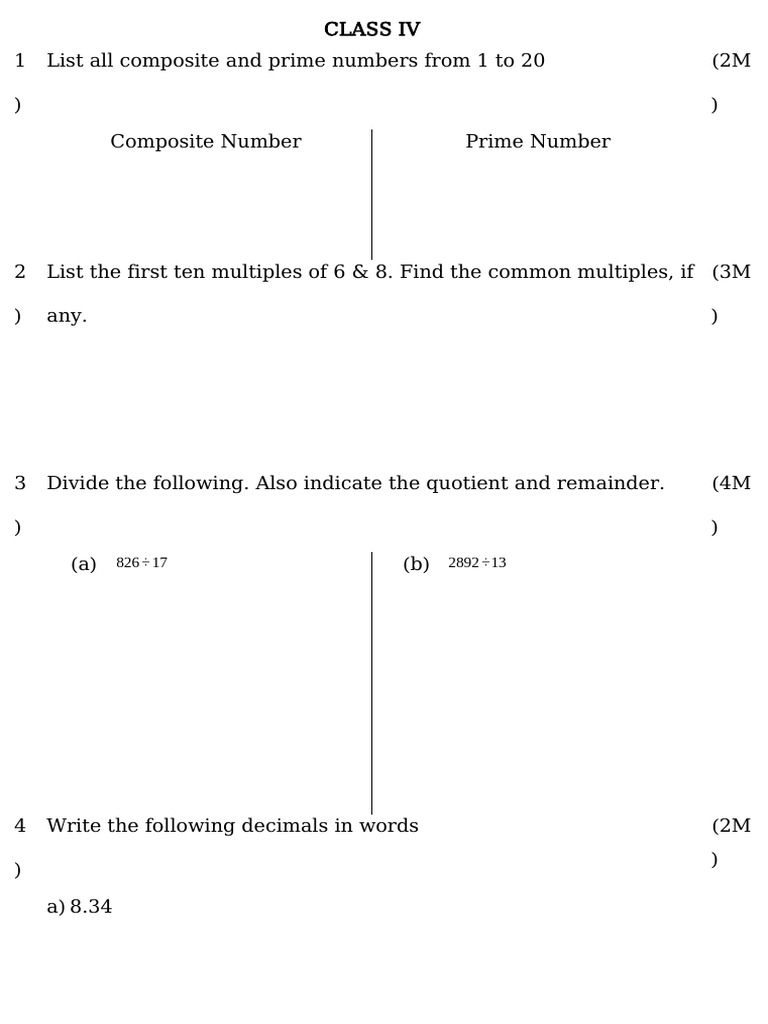 Class 4 Practice Worksheet | PDF