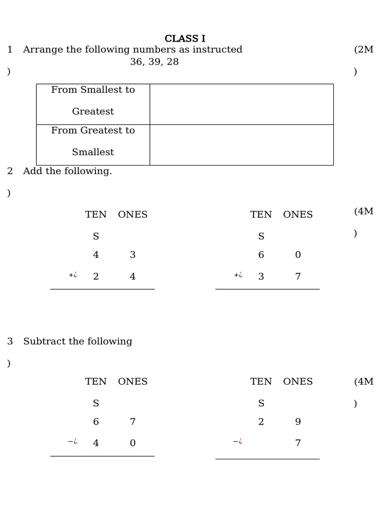 Math Exercises for Class 1 Students | PDF