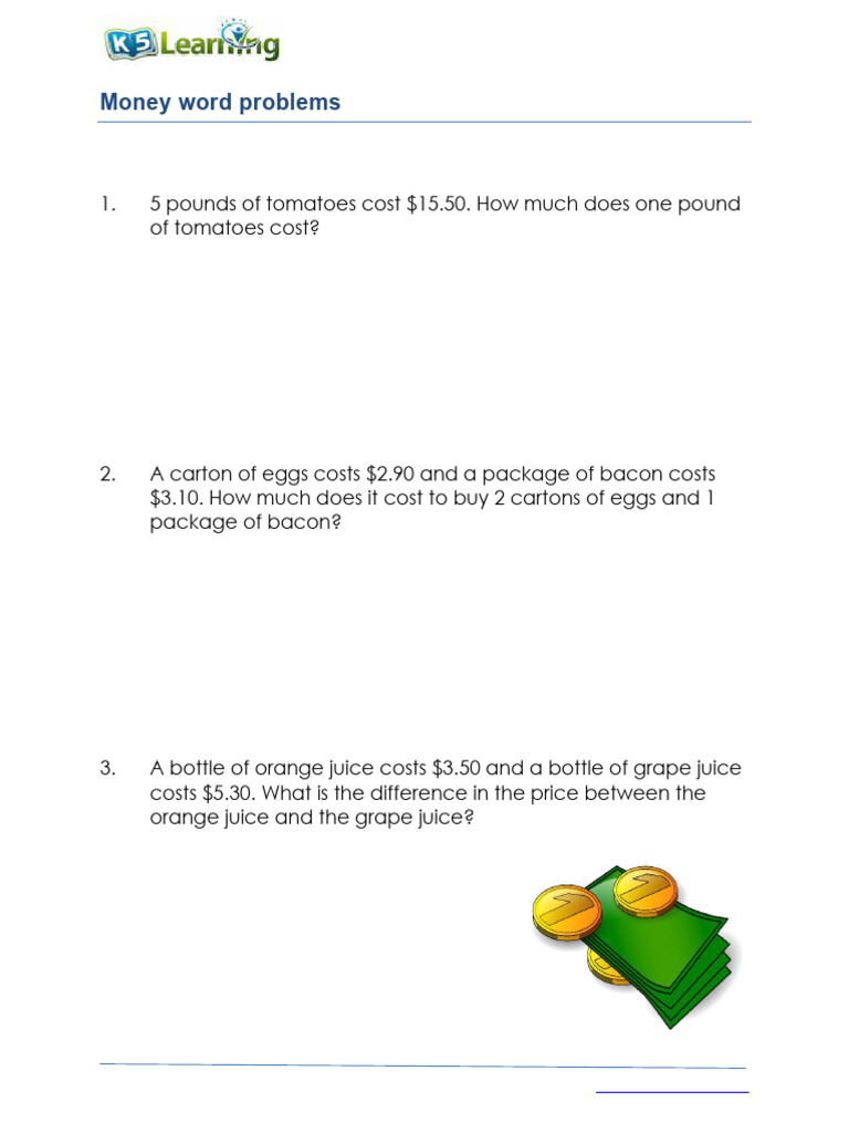 Grade 4 Money Word Problems Worksheet | PDF