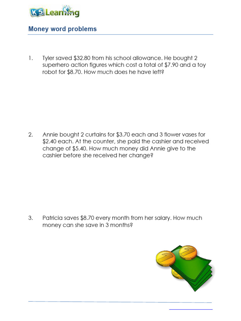 Grade 4 Money Word Problems Worksheet | PDF