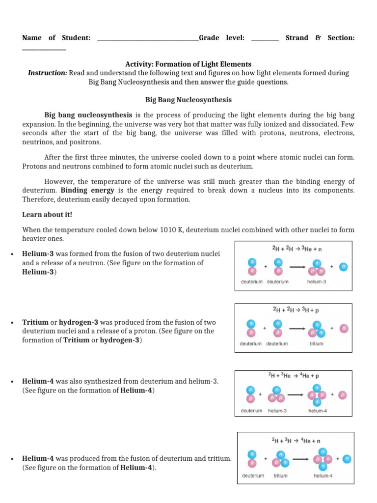 ACTIVITY-FORMATION-OF-LIGHT-ELEMENTS | PDF | Deuterium | Neutron