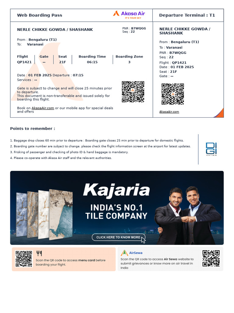 Akasa Air Boarding Pass for Flight QP1421 | PDF
