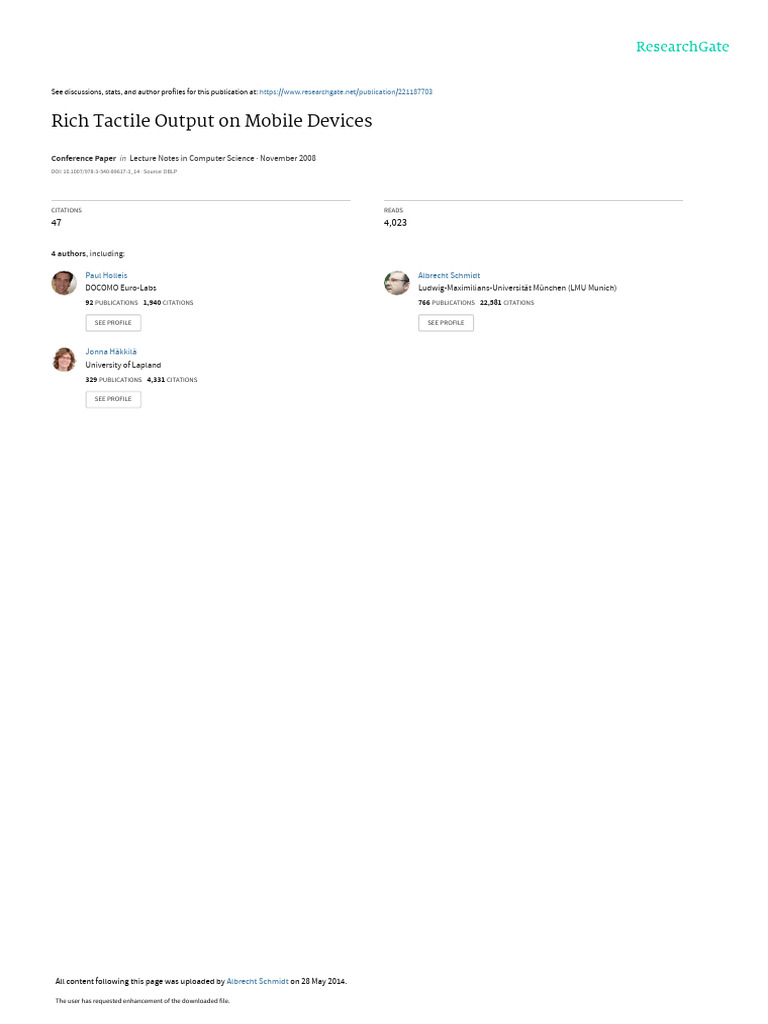 Rich Tactile Output On Mobile Devices | PDF | Somatosensory System | Senses