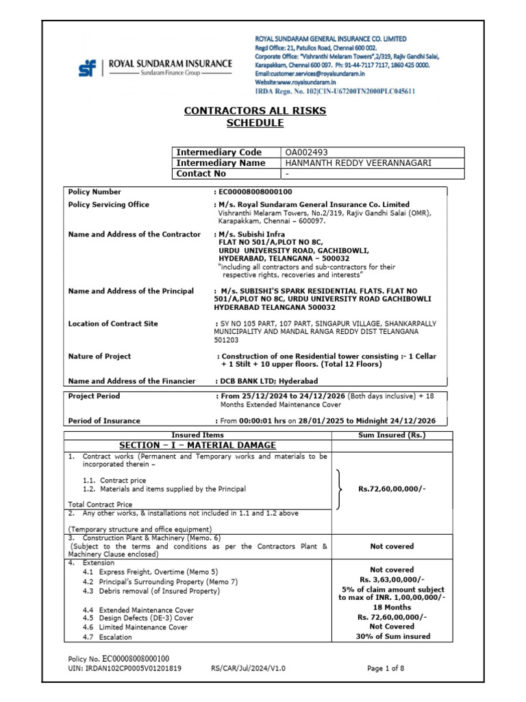 Contractors All Risks Insurance Policy | PDF | Insurance | Indemnity