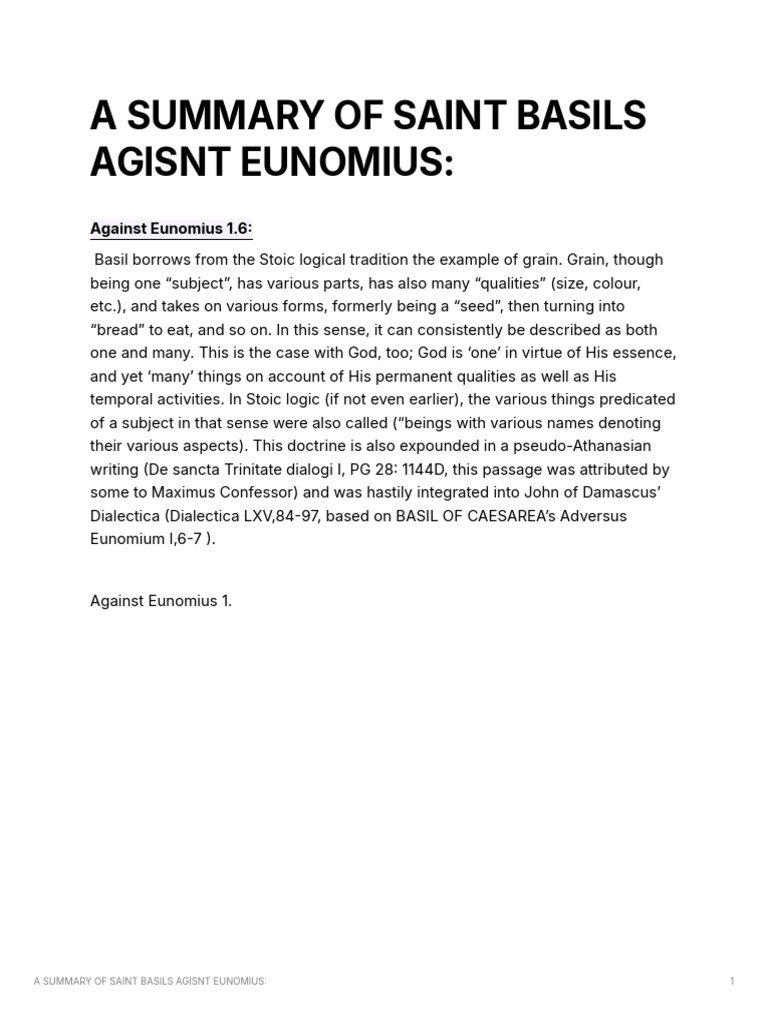A Summary of Saint Basils Agisnt Eunomius | PDF