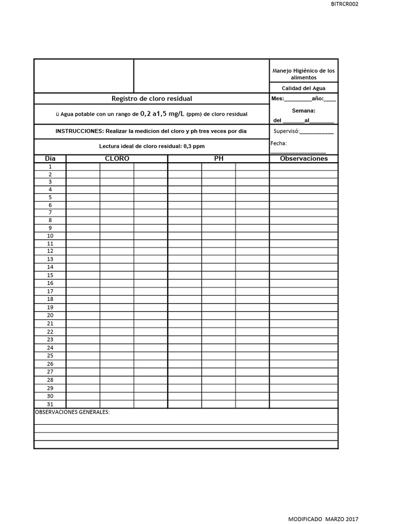 Bitacora Registro de Cloro Residual | PDF