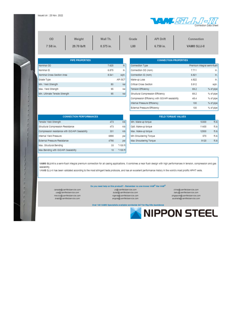 CDS 7.625 29.70lb L80 VAM+SLIJ-II API+Drift+6.750 87.5 | PDF | Pipe (Fluid Conveyance) | Mechanics