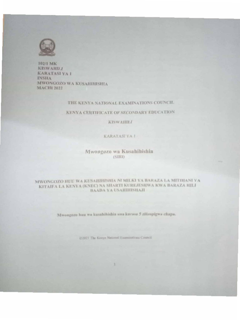 2021 KCSE Kiswahili Paper 1 Marking Scheme | PDF
