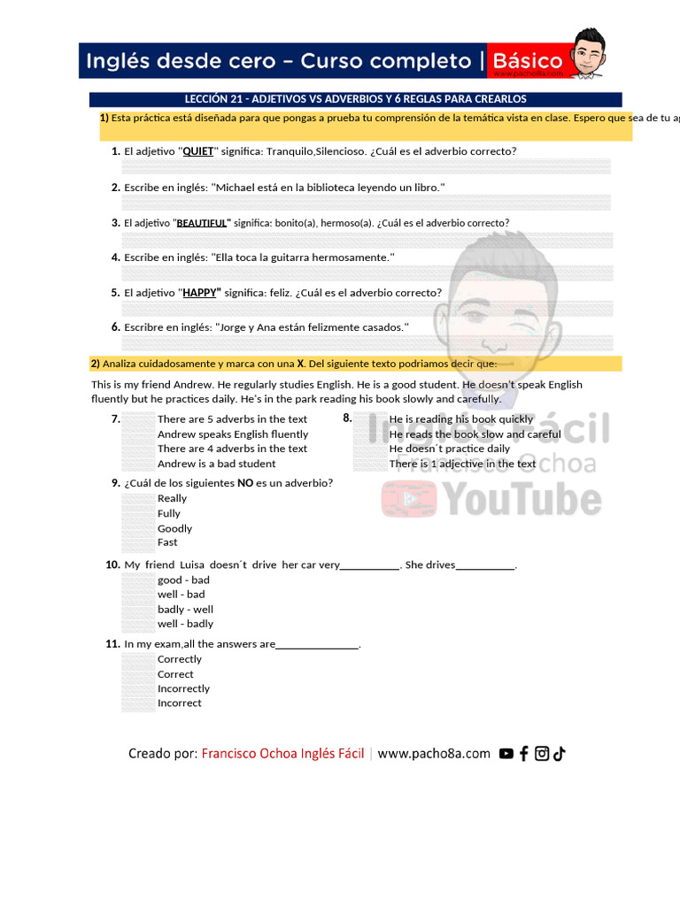 Lección 21 - Adjetivos VS Adverbios y 6 Reglas para Crearlos | PDF