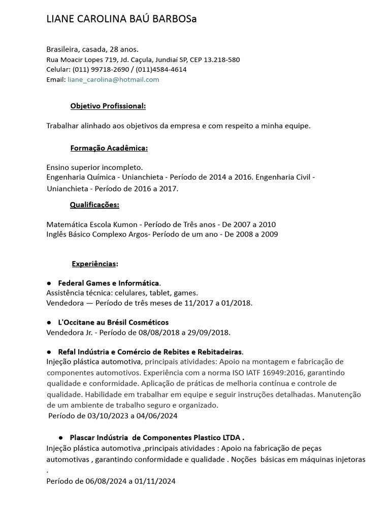 Currículo de Liane Carolina Baú | PDF