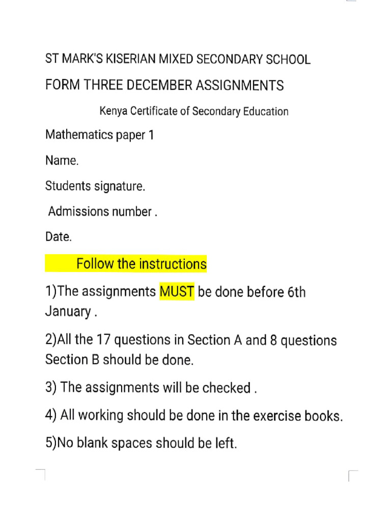 F3 mathematics December holiday assignment2024 Assignment - Form 3 ...