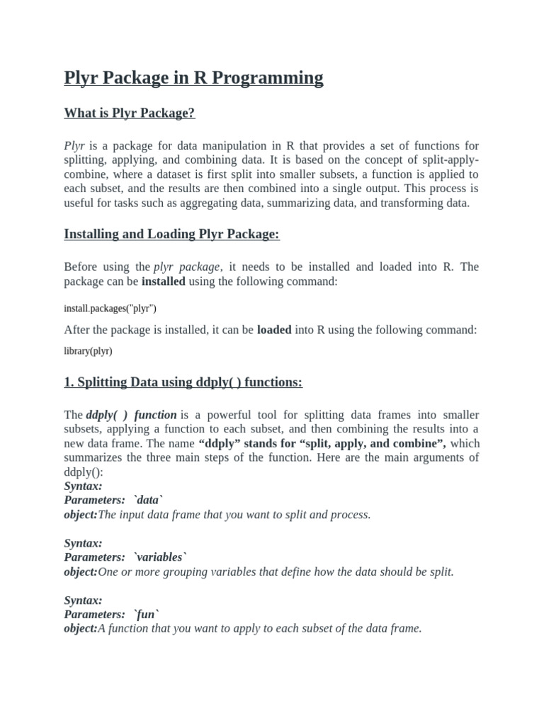 Plyr Package in R Programming | PDF | Parameter (Computer Programming) | Computing