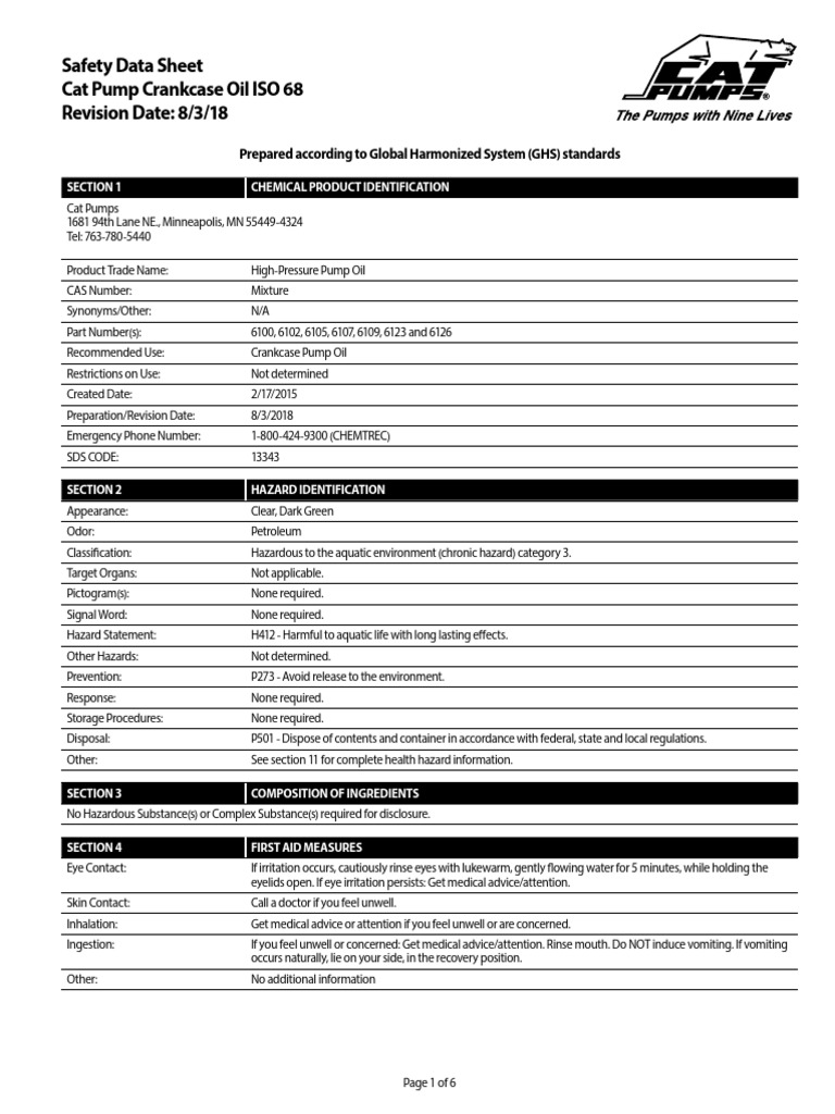 Cat Pump Crankcase Oil SDS | PDF | Combustion | Firefighting