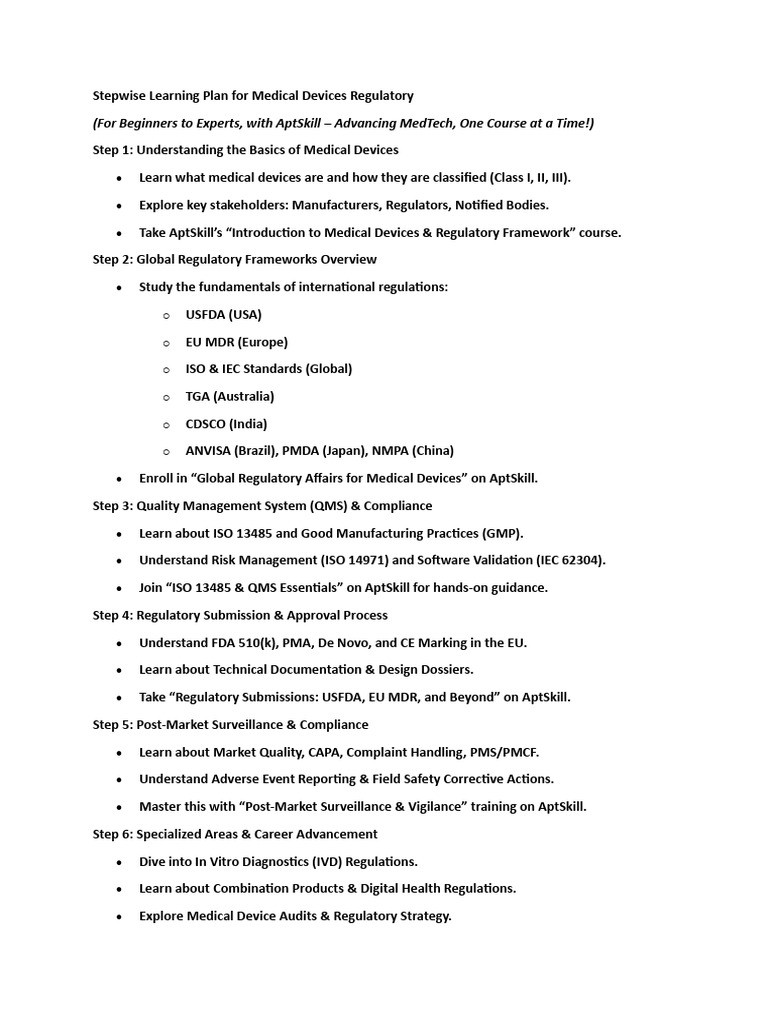 Stepwise Learning Plan For Medical Devices Regulatory | PDF
