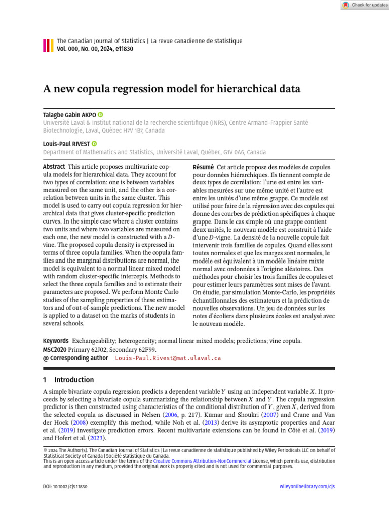 Can J Statistics - 2024 - Akpo - A New Copula Regression Model For Hierarchical Data | PDF ...