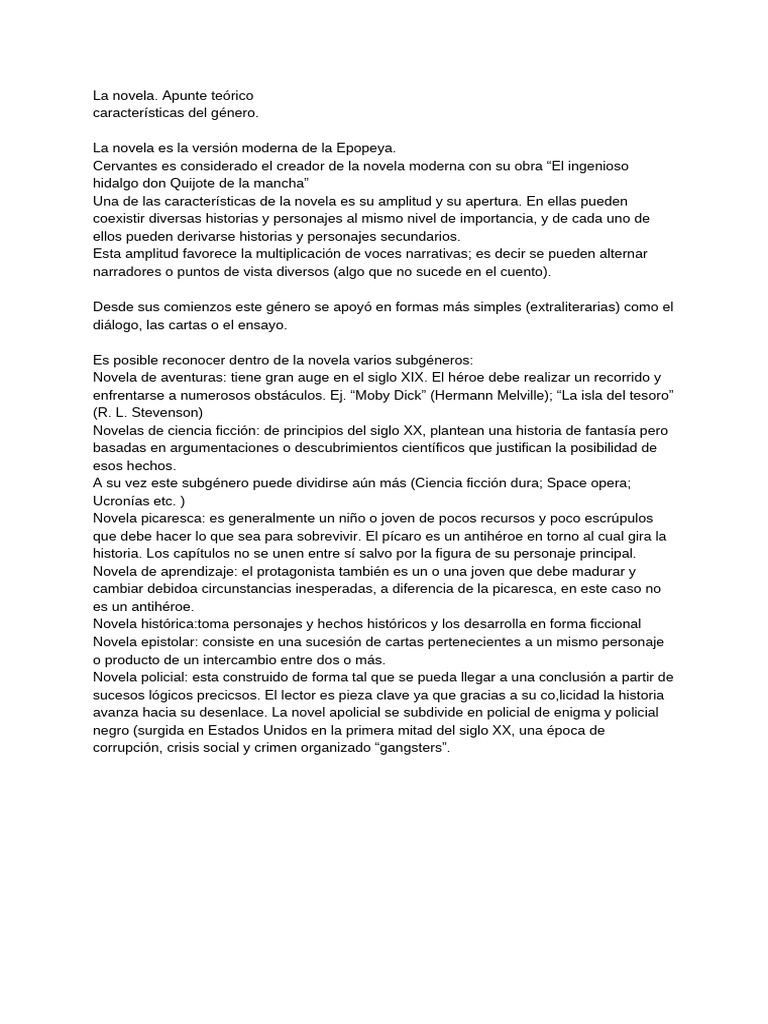 La Novela. Apunte Teórico | PDF