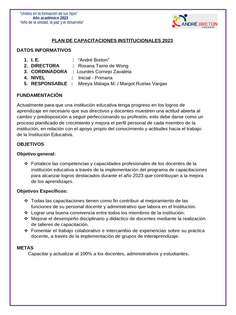 Plan de Capacitacion Anual 2024 | PDF | Educación de la primera infancia | Maestros