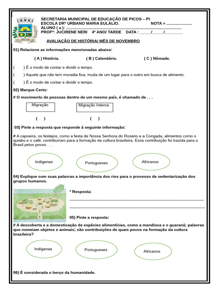 Avaliação de História - 4º Ano Picos | PDF