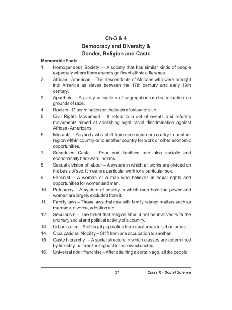 CBSE Class 10 SST Notes Question Bank Democracy and Diversity Gender ...