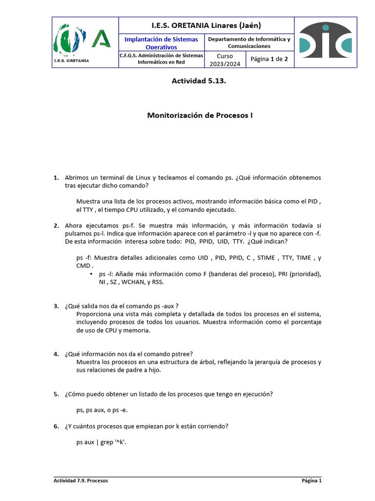 Actividades 5.12. Procesos | PDF | Unidad Central de procesamiento ...
