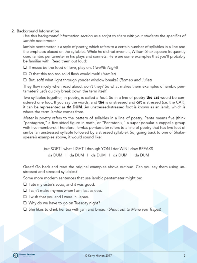 Lesson Plan-Shakepeares Words Iambic Pentameter | PDF