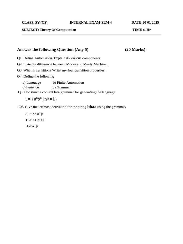 Internal Exam: Theory of Computation | PDF