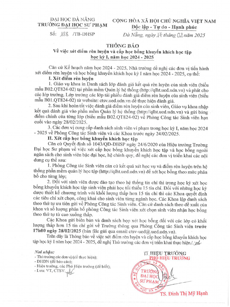 188. TB- HSP Diem ren luyen HK I. 24.25 | PDF