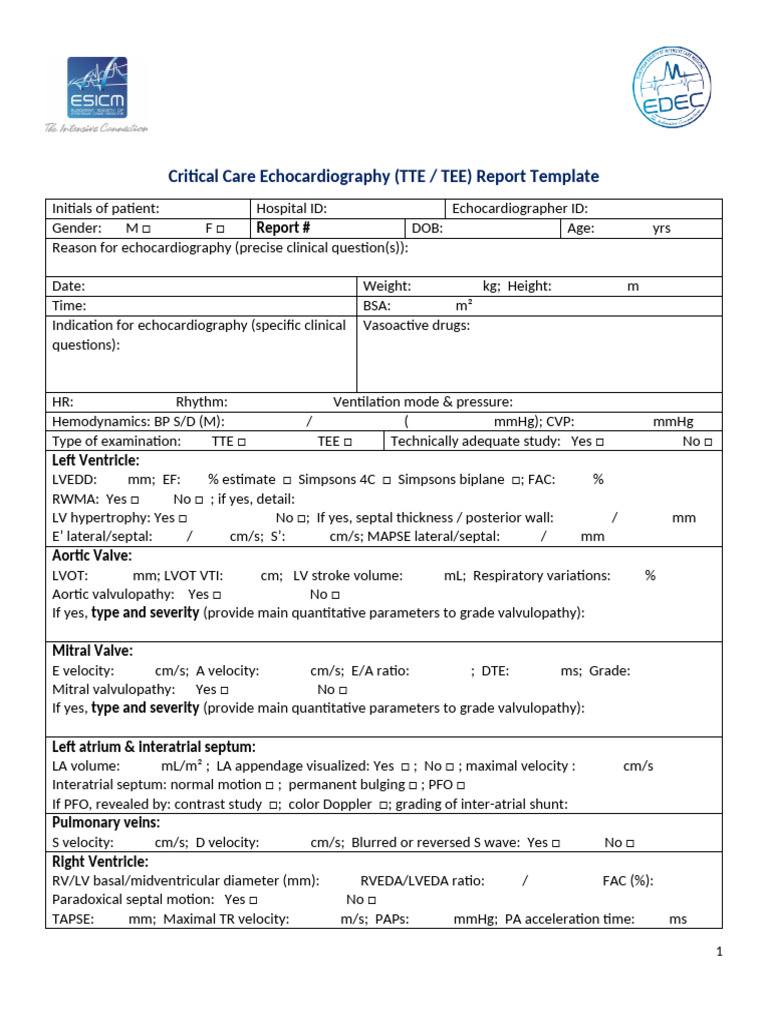 Echocardiography Report Template - EDEC Logbook 2023 | PDF ...