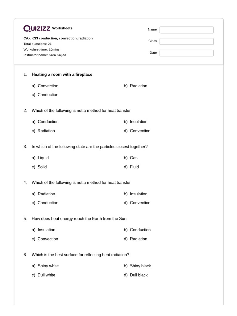 Thermal Energy Transfer Worksheet | PDF | Heat Transfer | Convection