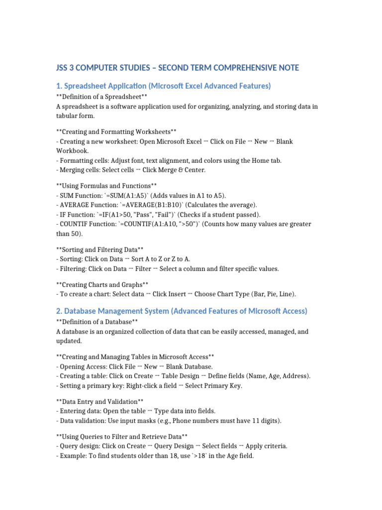 JSS3 Computer Studies Second Term | PDF | Computer Network | Spreadsheet