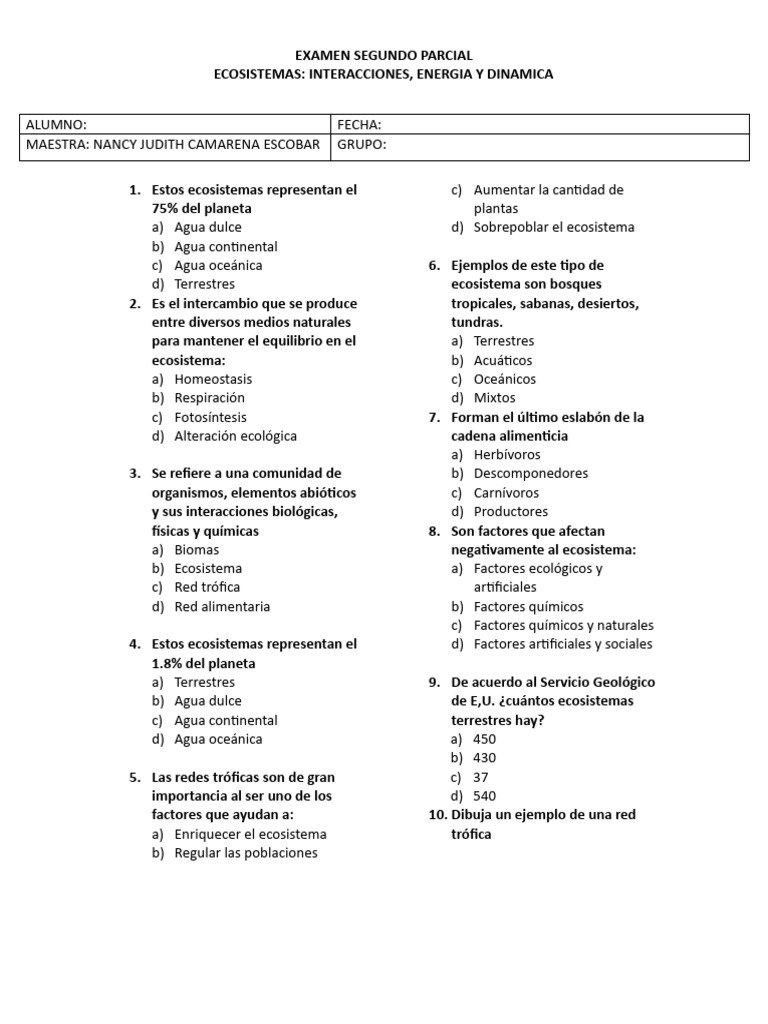 Examen Ecosistemas: Interacciones y Energía | PDF | Ecología | Ecosistema