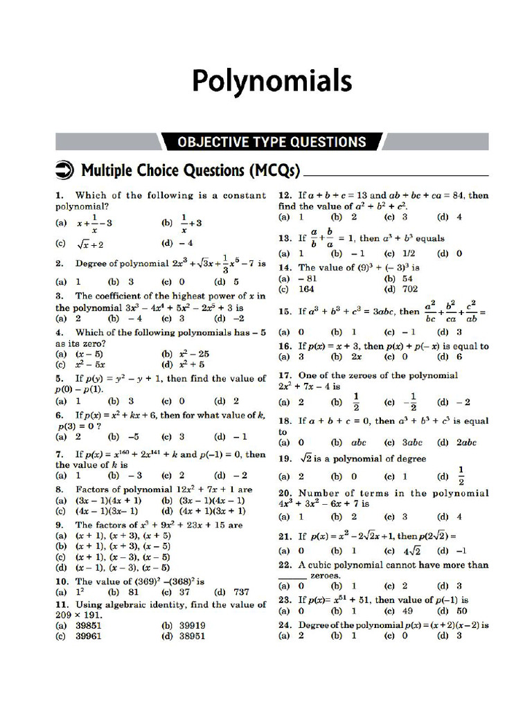 Practise Questions Polynomials | PDF