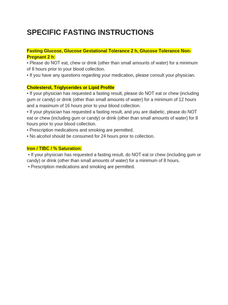 Specific Fasting Instructions | PDF