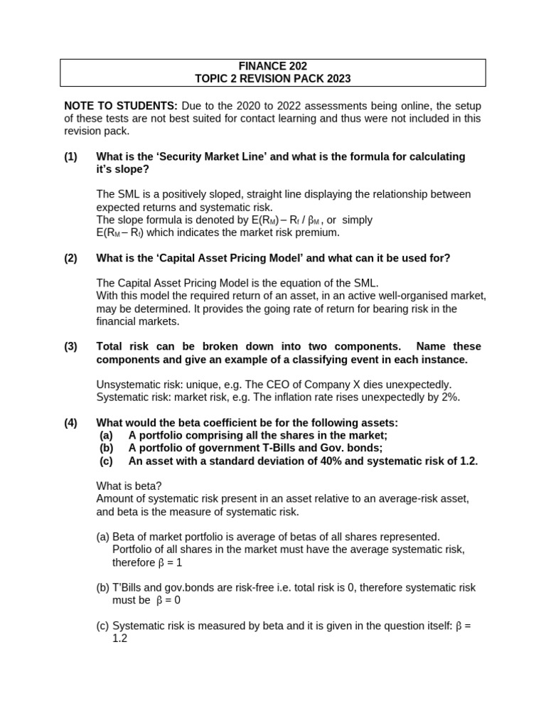 2024 FINA202 Topic 2 Revision | PDF | Capital Asset Pricing Model | Financial Risk